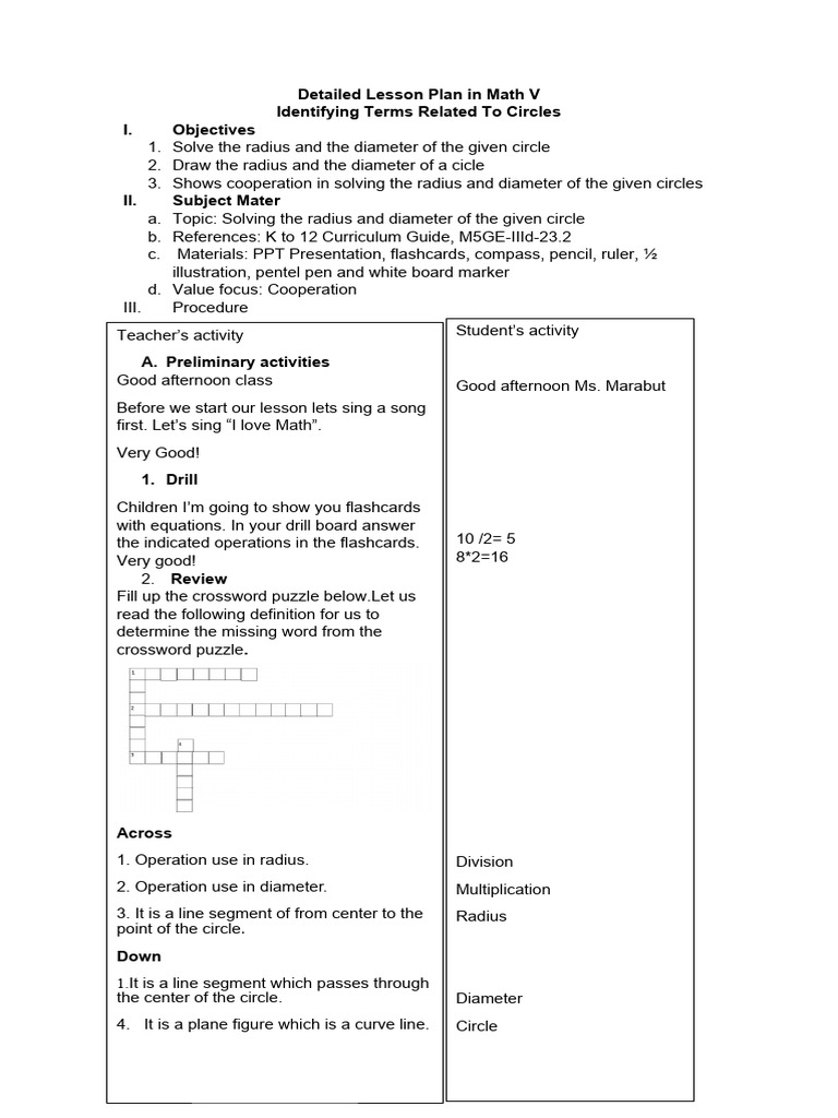 Detailed LP in Math V | PDF | Circle | Diameter