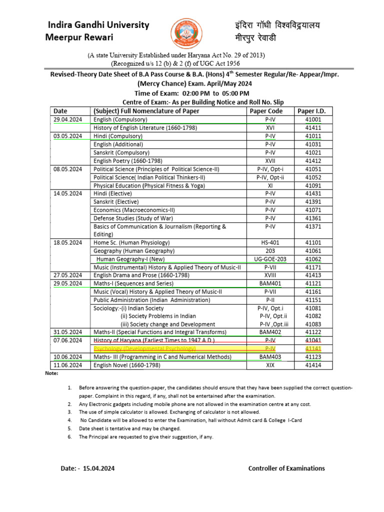 Revised-Theory Date Sheet of B.A Pass Course & B.A. (Hons) 4th Sem. Regular, Re-Appear, Impr ...