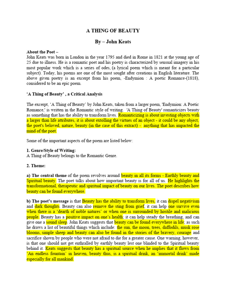 A Thing of Beauty (Flamingo) | PDF | Poetry | John Keats