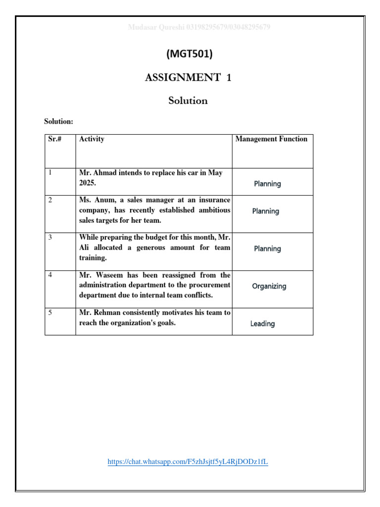 Mgt501 Assignment 1 Solutions Pdf