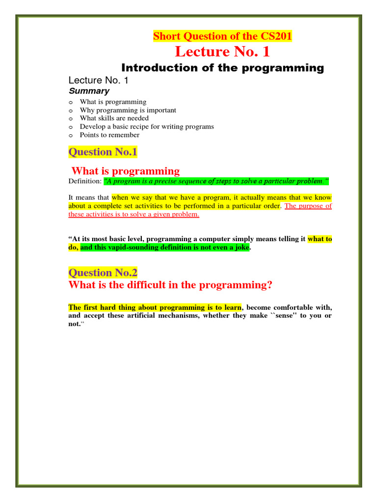 Short Question Of The Cs201 Lecture No 1 Pdf Computer Programming Computer Program 