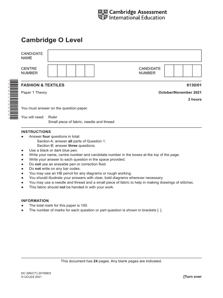 Cambridge O Level: Fashion & Textiles 6130/01 | PDF | Embroidery | Textiles