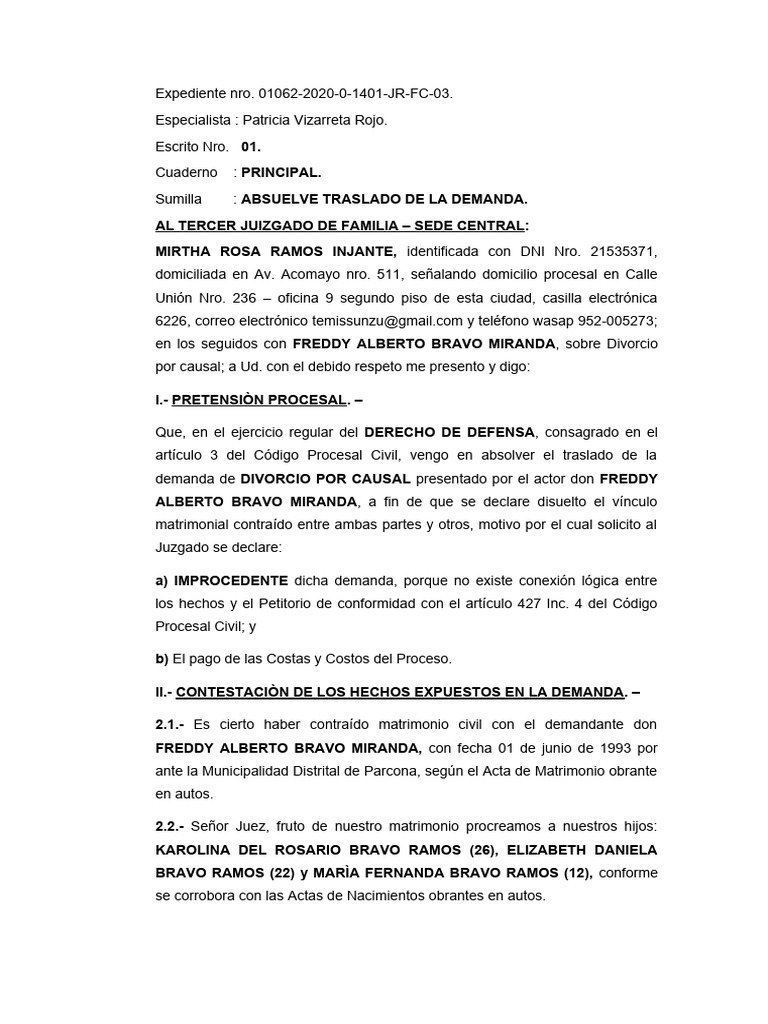 Mirtha Ramos Contesta Demanda | PDF | Divorcio | Demanda judicial