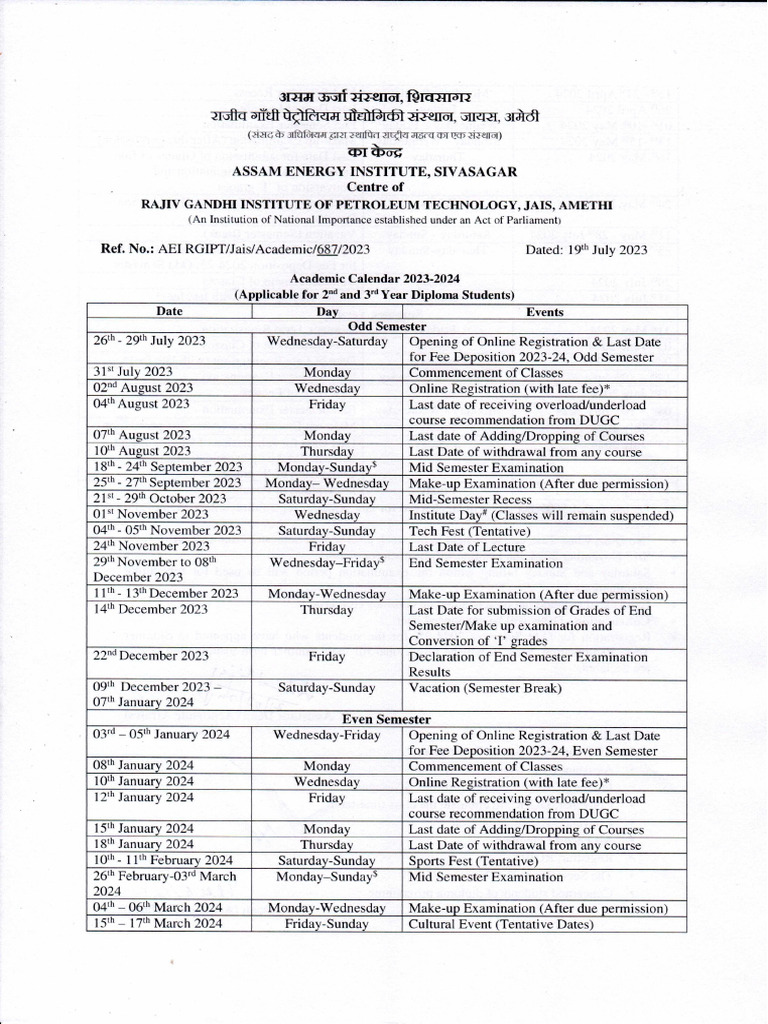 Academic Calander 2023-24-Applicable For 2nd and 3rd Year Diploma ...