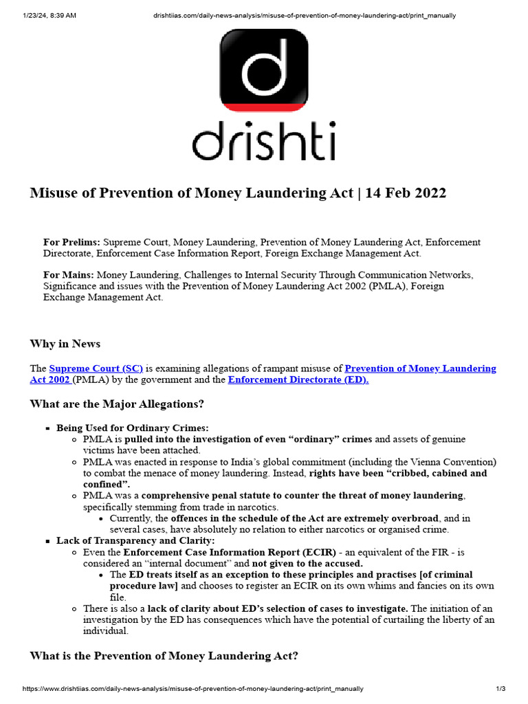 Daily News Analysis - Misuse of Prevention of Money Laundering Act ...