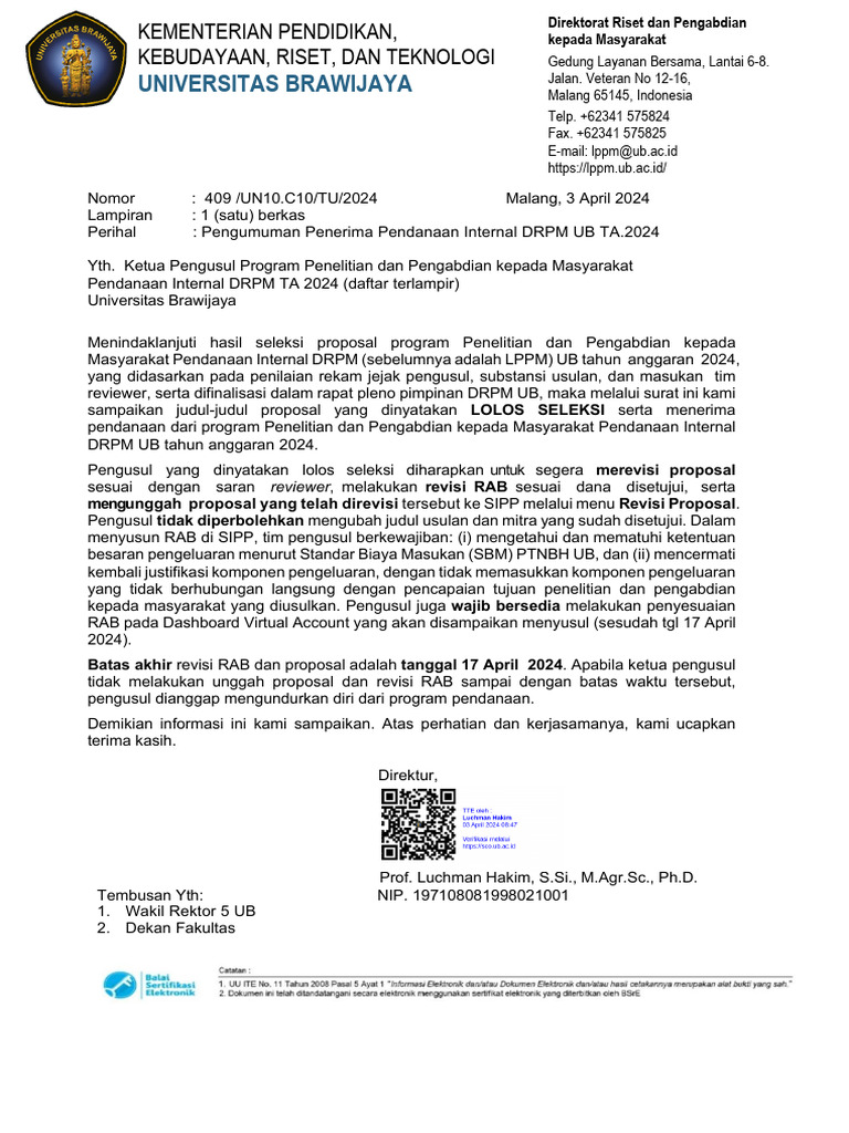 Pengumuman Penerima Pendanaan Internal DRPM UB TA.2024 | PDF | Sains & Matematika | Komputer