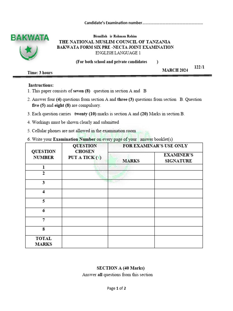 Bakwata English 1 2024 | PDF | Human Communication | Linguistics