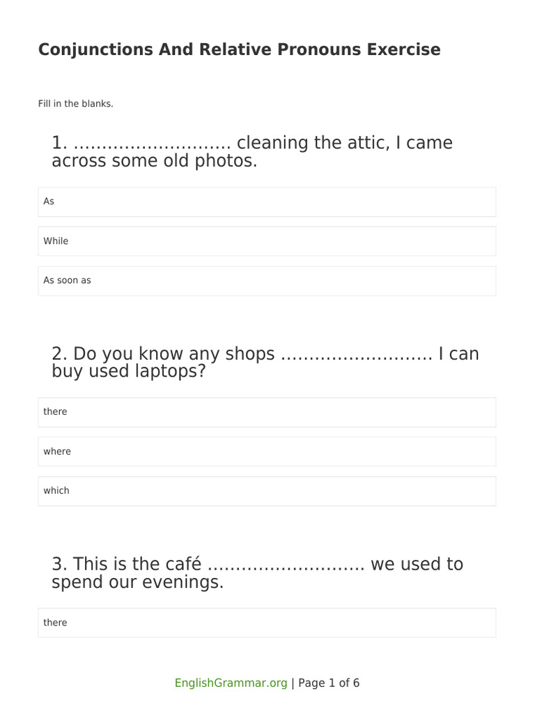 Conjunctions and Relative Pronouns Exercise | PDF