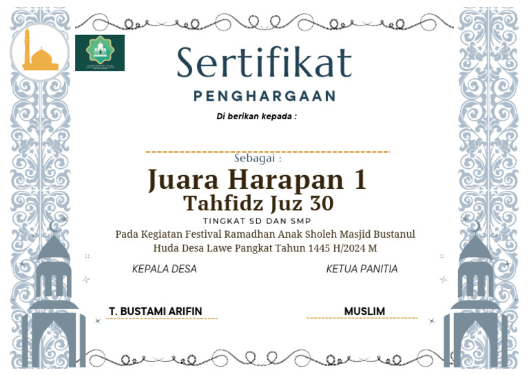 Contoh Juara Harapan 1 Sertifikat Tahfidz Juz 30 | PDF
