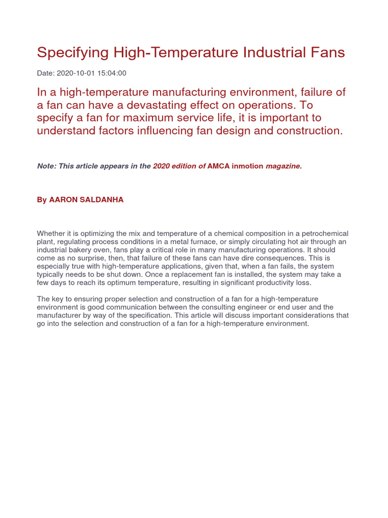 AMCA_High-Temperature Industrial Fans | PDF | Bearing (Mechanical ...