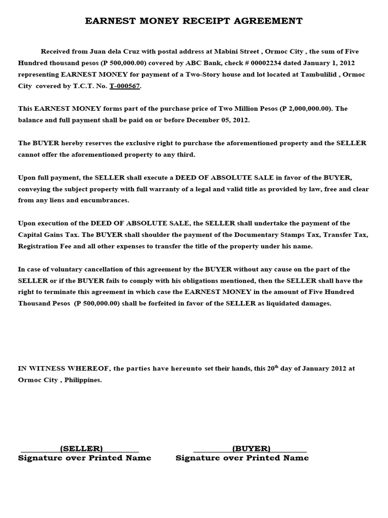 Earnest Money Receipt Agreement | PDF | Deed | Taxes
