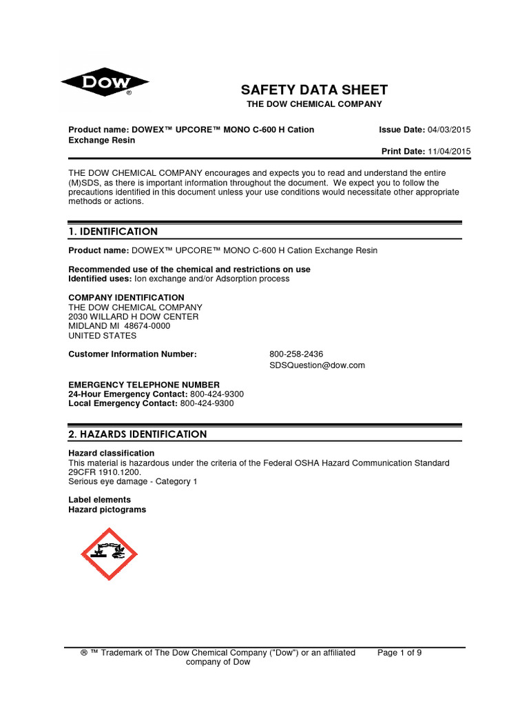 Dowex Upcore Mono C-600 H Cation Exchange Resin | PDF | Toxicity | Waste Management