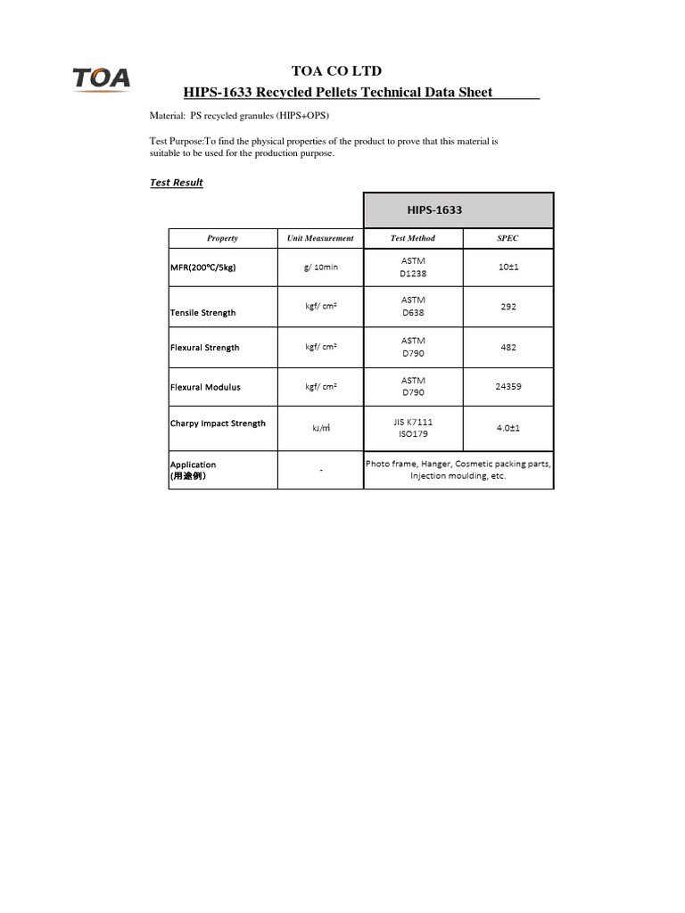 Toa Co LTD HIPS-1633 Recycled Pellets Technical Data Sheet: Test Result ...