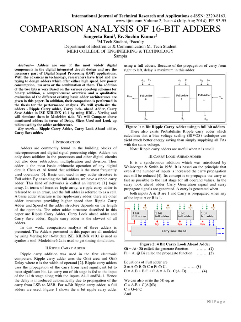 COMPARISON ANALYSIS OF 16-BIT ADDERS | PDF | Electrical Engineering | Digital Electronics