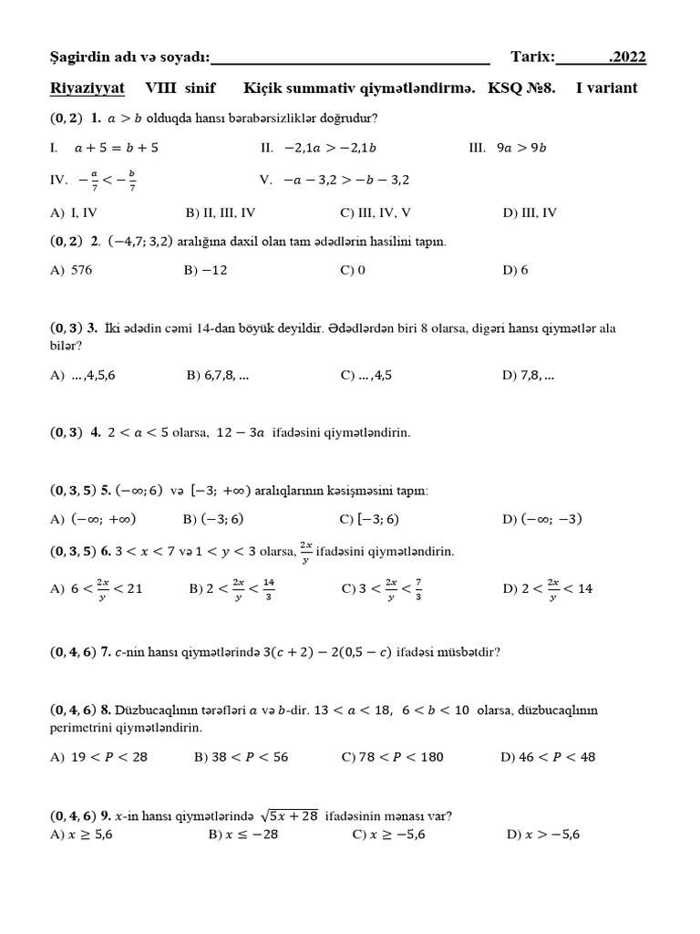 8ci Sinif KSQ 8. 1ci Variant | PDF