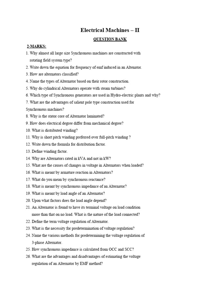 Electrical Machines II Question Bank | PDF | Electric Motor ...