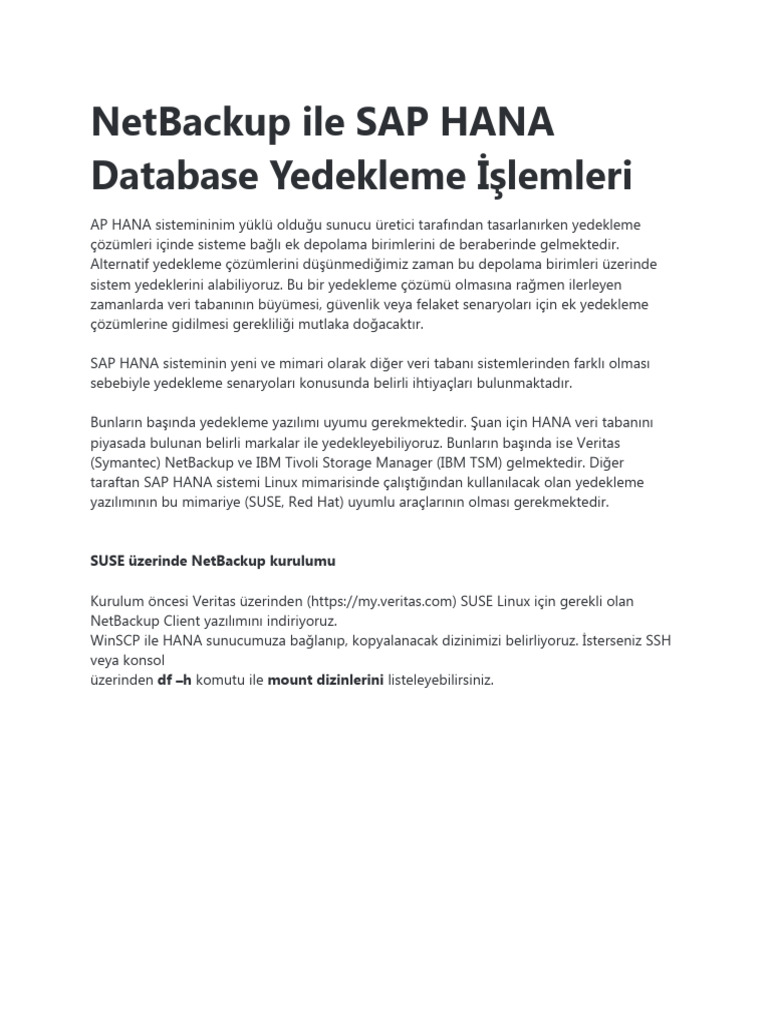 NetBackup Ile SAP HANA Database Yedekleme | PDF