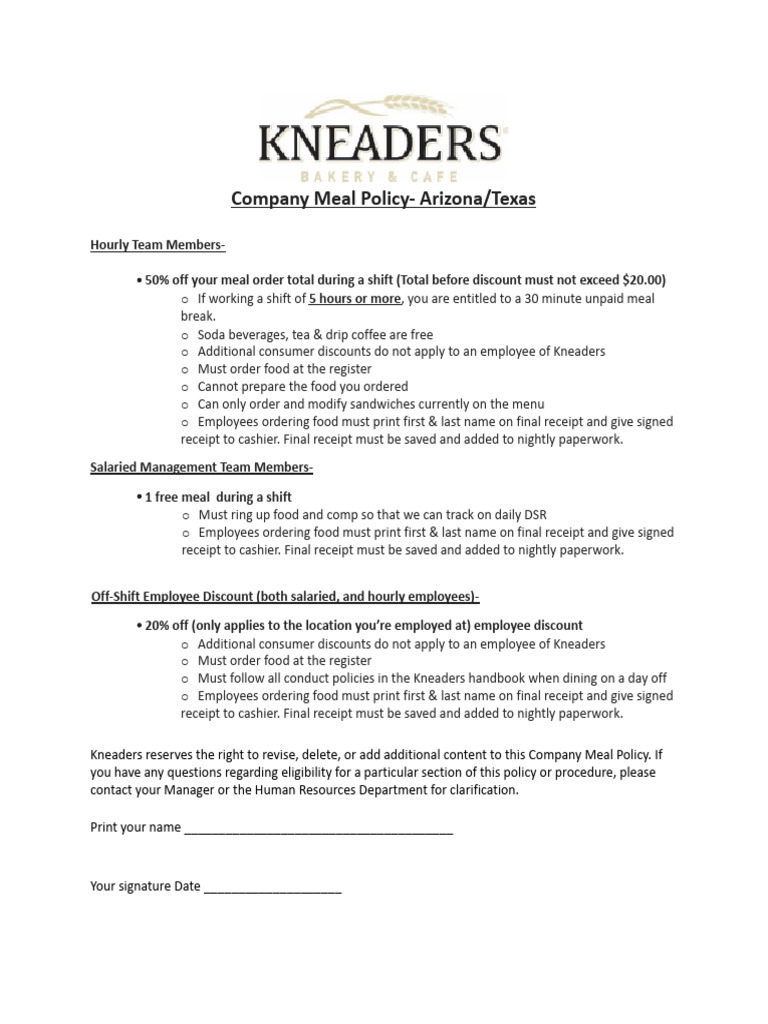 Kneaders Company Meal Policy Overview | PDF | Wellness