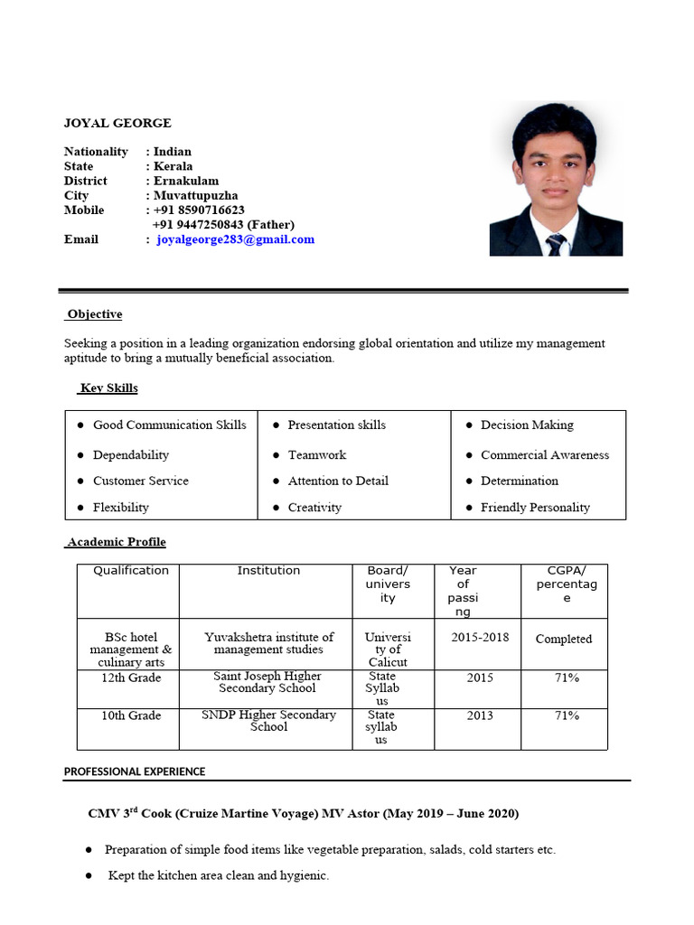 Resume - Joyal George | PDF | Kitchen | Cooking