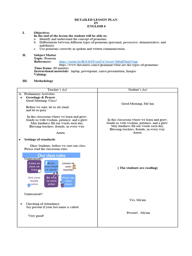 PCK Lesson Plan1 Sample | PDF | Pronoun | Noun