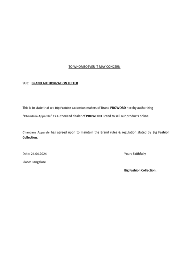 Brand Authorization Letter for PROWORD | PDF