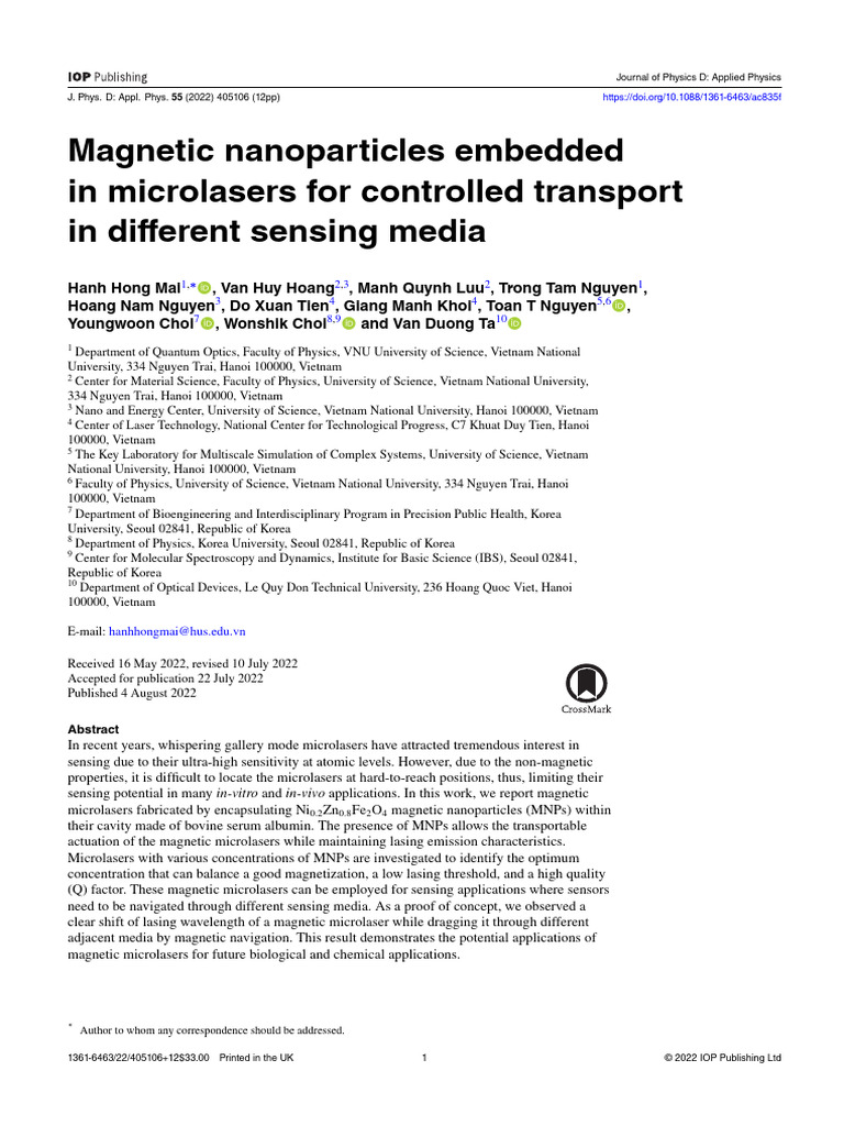 2022.mganetic Nanoparticles Embeded in Microlaser Controlled Transport in Different Sensing ...