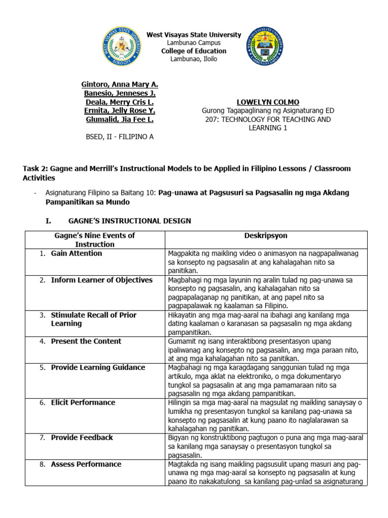 ED 207 - Task 2 - GAGNE AND MERRILL INSTRUCTIONAL MODELS - GINTORO - ET ...