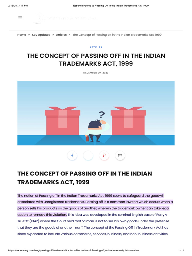 Passing Off in Indian Trademarks Act | PDF | Trademark | Legal Remedy