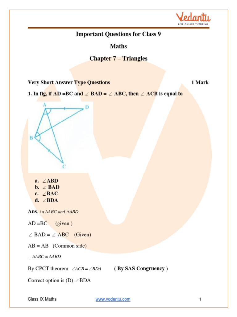 CBSE Class 9 Maths Chapter 7 - Triangles Important Questions 2023-24 ...