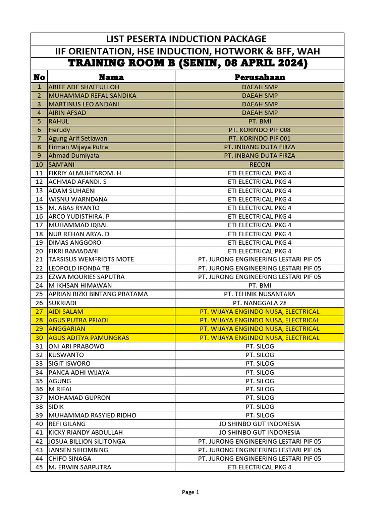 Participant List Induction Package Room B HW 08 April 2024 | PDF