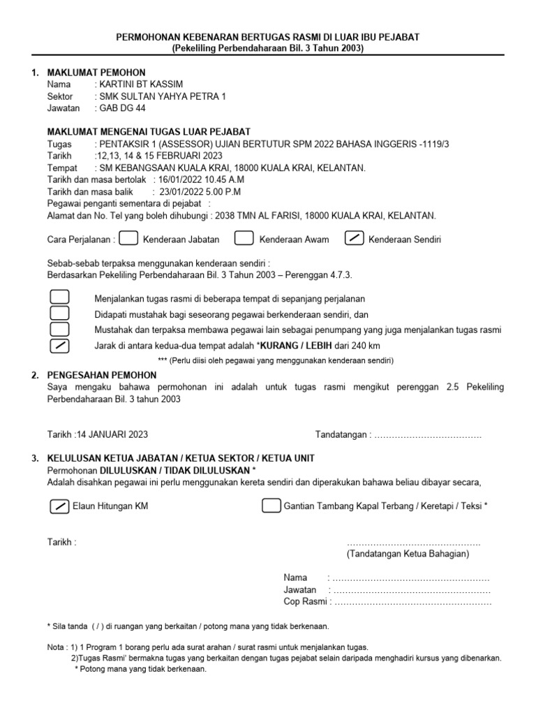 Permohonan Kebenaran Bertugas Rasmi Di Luar Ibu Pejabat SMKKK | PDF