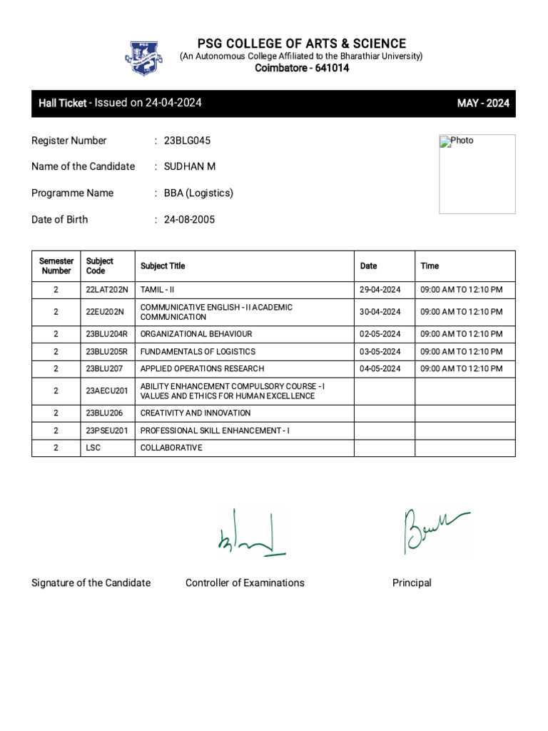 Even Semester Hall Ticket | PDF