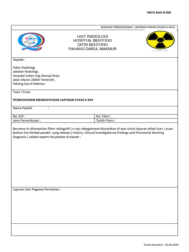 Borang Permohonan Laporan Filem X-ray Hoshas | PDF