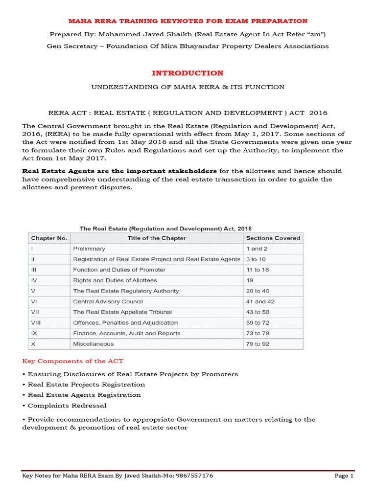 MAHA RERA TRAINING KEY NOTES FOR EXAMS PREPARTION 20 Nov | PDF ...