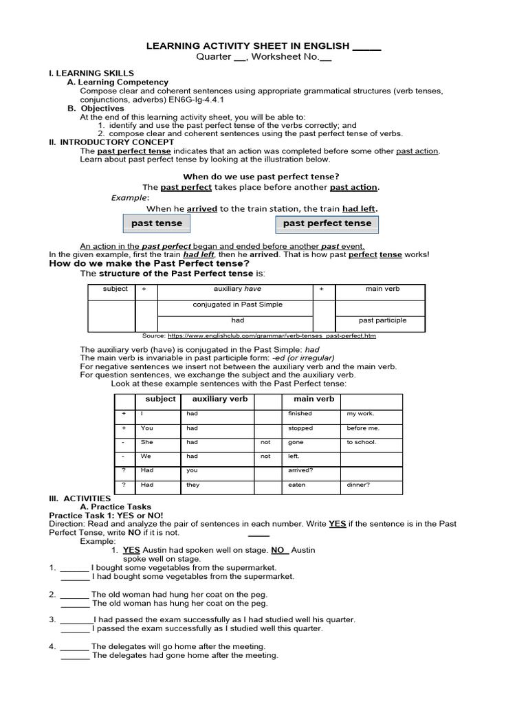 Learning Activity Sheet | PDF | Perfect (Grammar) | Grammatical Tense