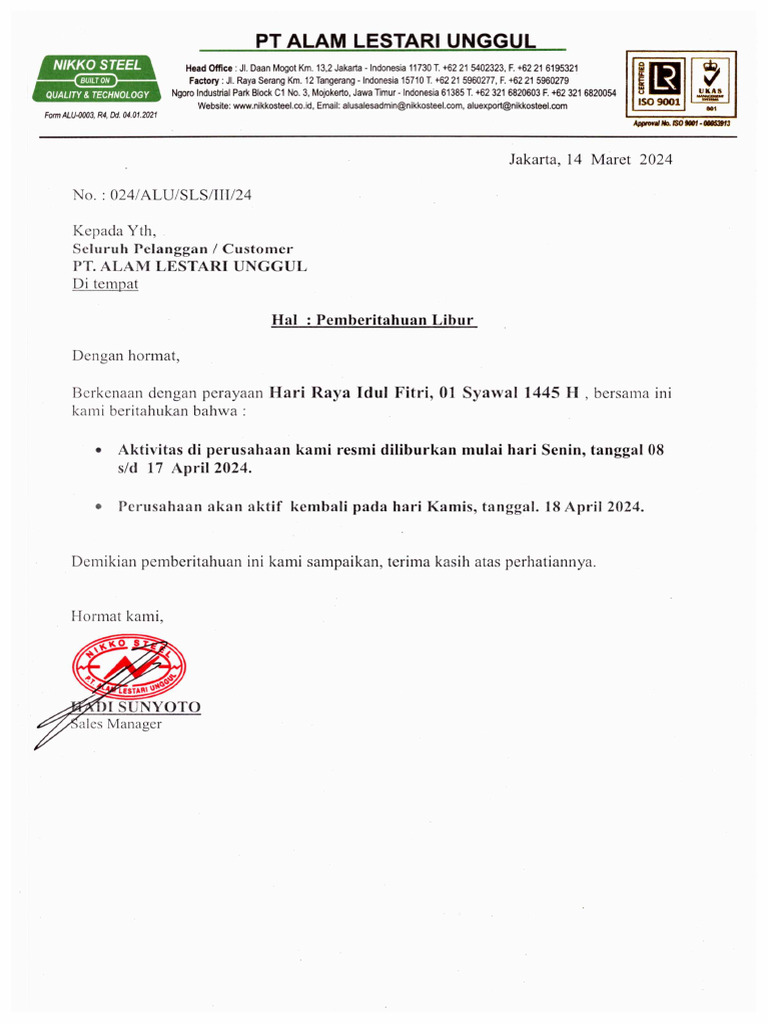 Info Libur PT ALU | PDF