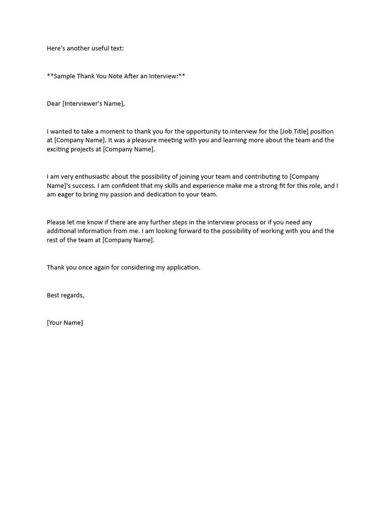 Thank You Note Template for Interviews | PDF