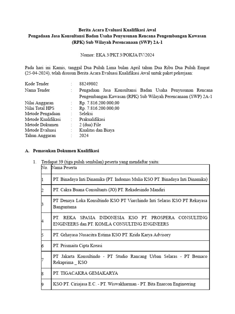BA Evaluasi Kualifikasi Awal - JKBU Pengadaan Jasa Konsultansi Badan ...