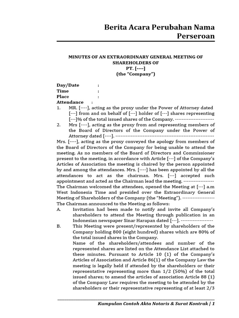 Berita Acara Perubahan Nama Perseroan | PDF | Articles Of Association ...