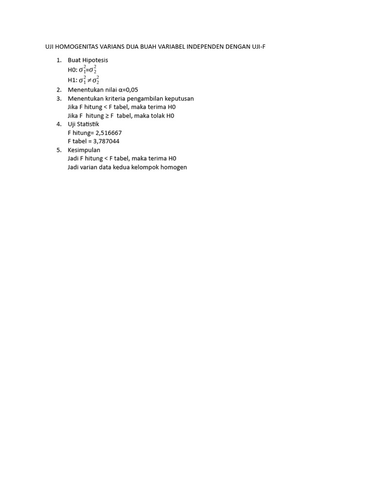 Uji Homogenitas Varians Dua Buah Variabel Independen Dengan Uji | PDF ...