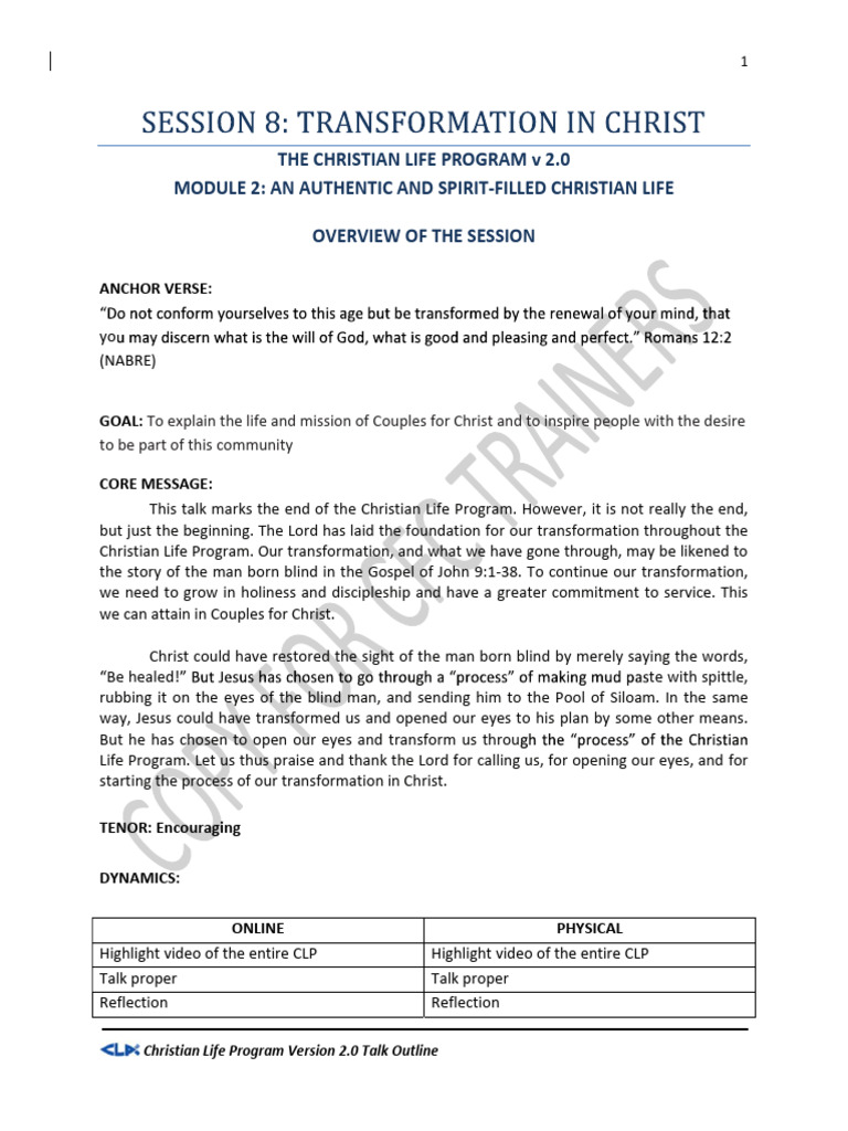 CLP v2 Session 8 Transformation in Christ Expanded Outline | PDF ...