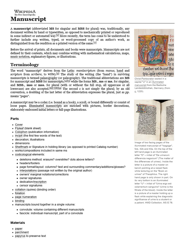Manuscript - Wikipedia | PDF | Manuscript | Individual Physical Objects