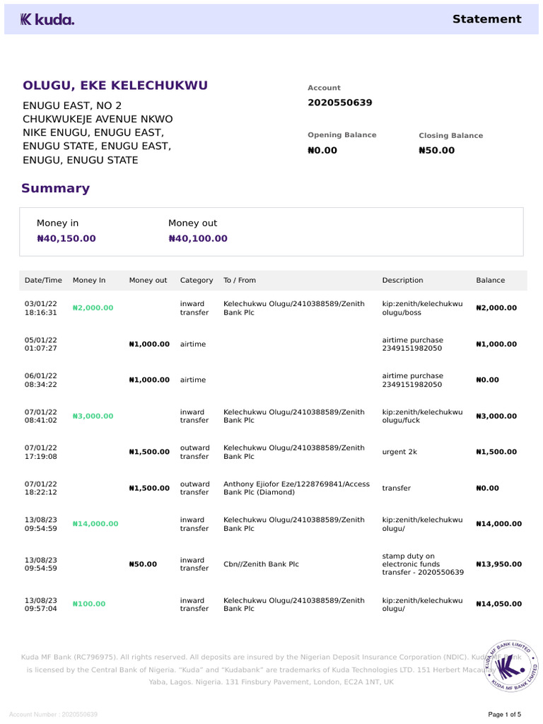 Kuda MF Bank Account Statement Summary | PDF | Nigeria | Banking