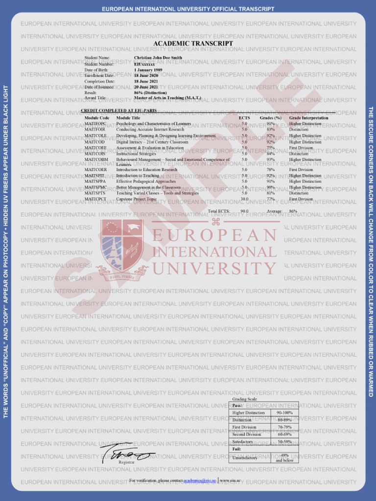 EIU Transcript Sample - M.a.T | PDF