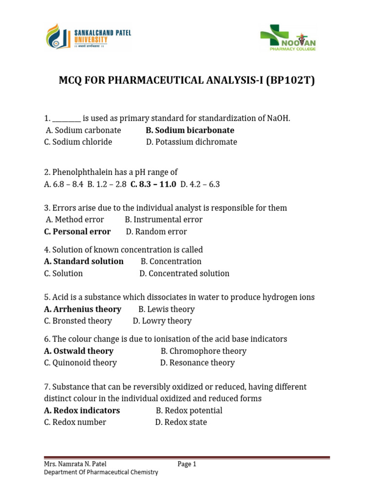 MCQ For Pharmaceutical Analysis-I (Bp102T) : Mrs. Namrata N. Patel Department of Pharmaceutical ...