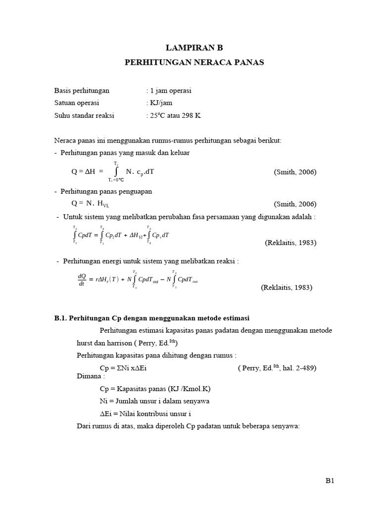 Word TA2 Pabrik Natrium Alginat - Lampiran B Neraca Panas Hal B1-B32 1-16 | PDF