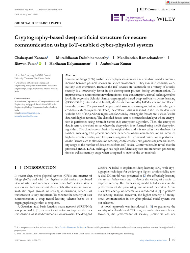 Iet Communications 2021 Kannan Cryptography‐based Deep Artificial Structure For Secure