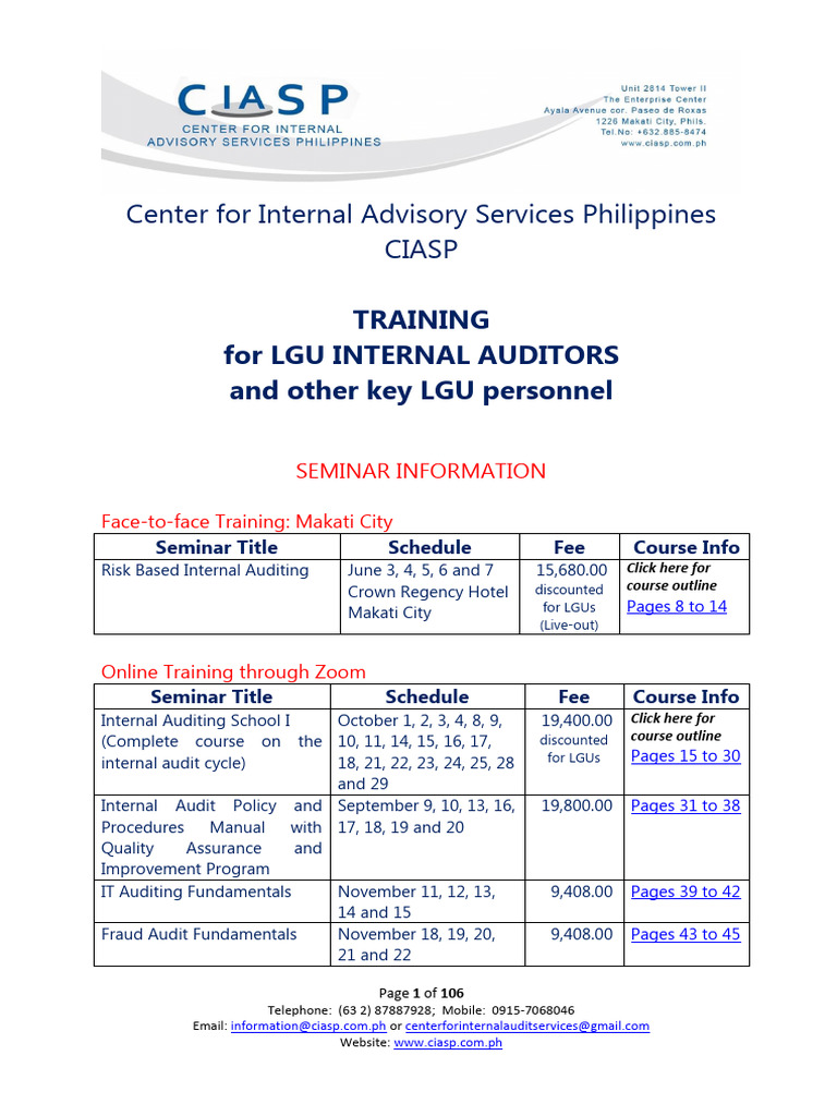 Course Outline - Training for LGU Internal Auditors - 2024 | PDF | Internal Audit | Strategic ...