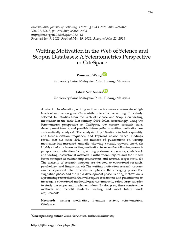 Writing Motivation in The Web of Science and Scopus Databases A ...