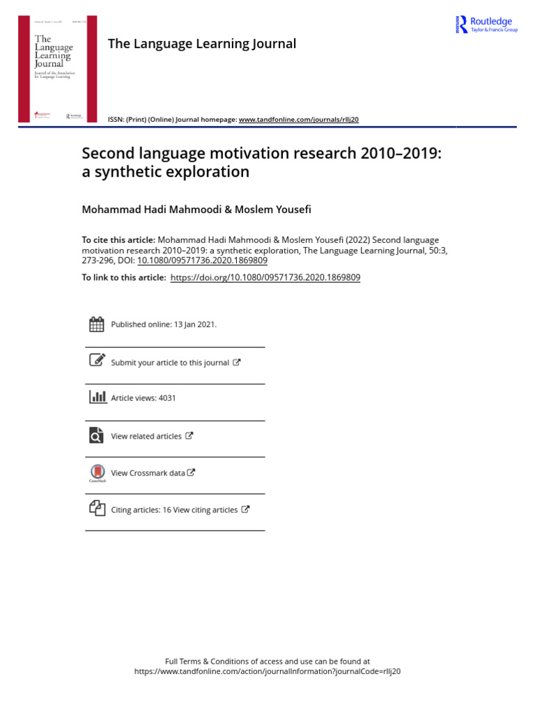 Second Language Motivation Research 2010 2019 A Synthetic Exploration ...